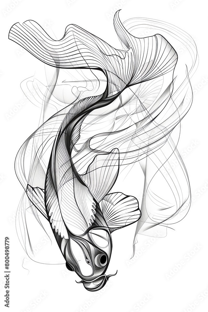 Abstract line illustration of a fish, stylized with flowing lines and ...