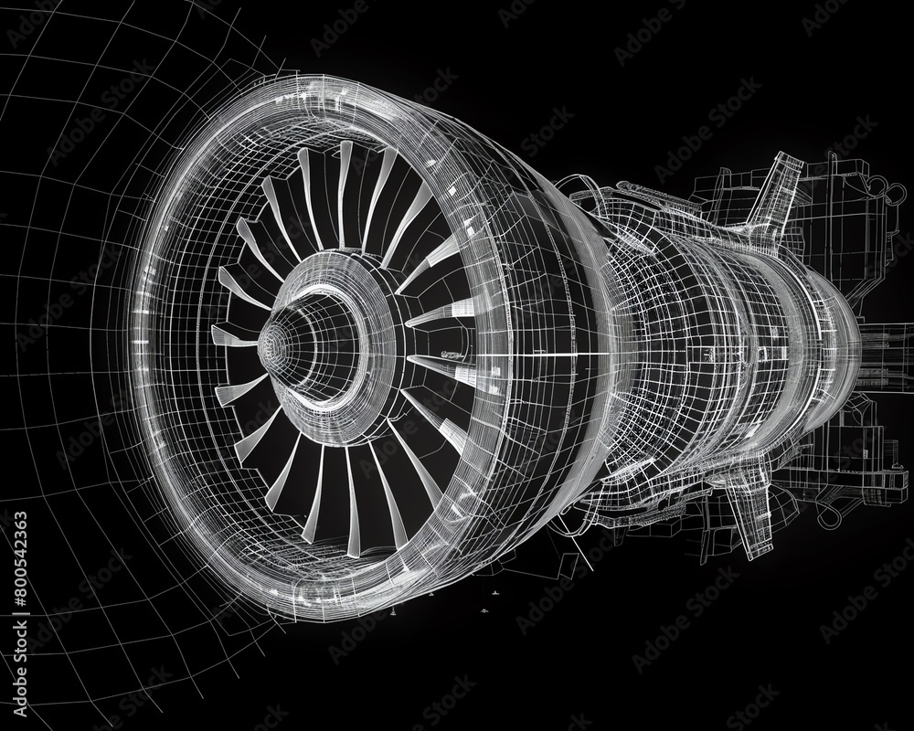 High-resolution mesh wireframe of a jet engine, detailing blades and ...