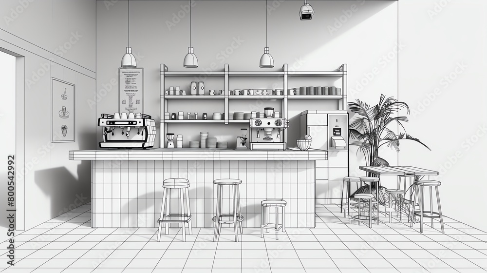 Interactive mesh wireframe of a coffee shop, including furniture layout ...
