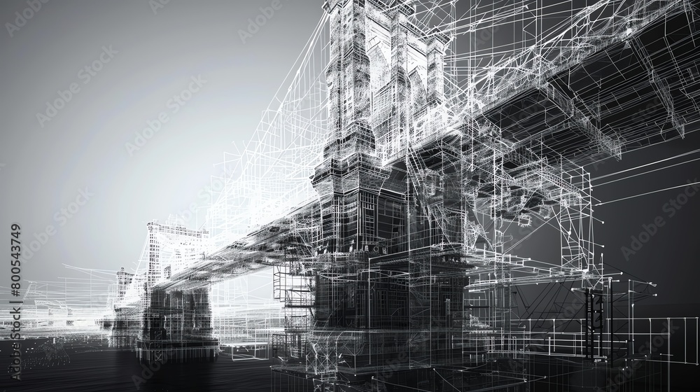 Mesh wireframe of a bridge under construction, showing phases and ...