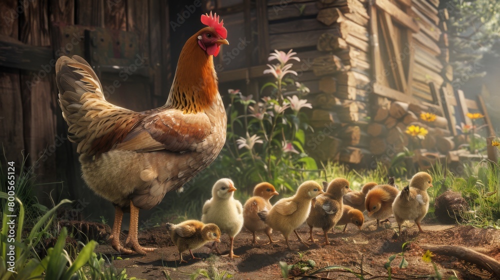 A rustic farm scene with a mother hen leading her fluffy chicks on a ...