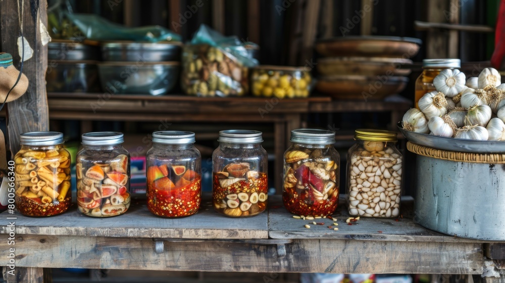 A rustic Thai street food stall with jars of pickled garlic and chili ...
