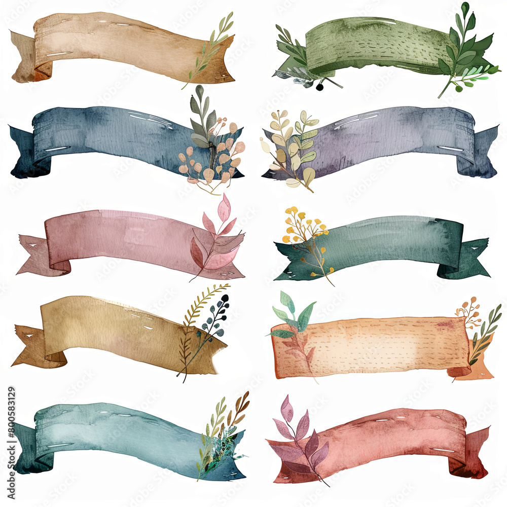 Watercolor Set: adorable ribbon banner Clipart in soft, dreamy tones on ...