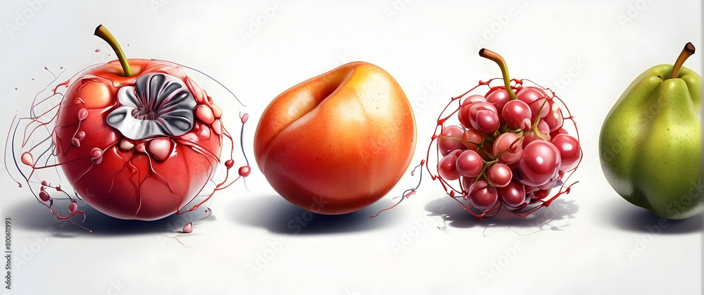 Hyper-realistic depiction of fruits showcasing water droplets and fine ...