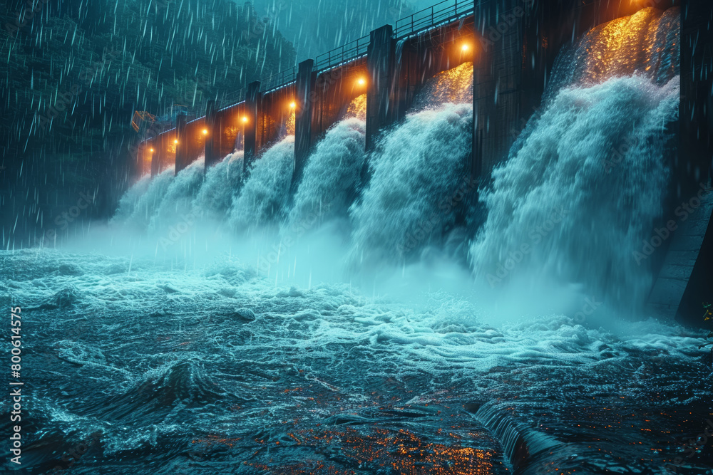 A hydroelectric dam releasing a steady flow of water, generating clean ...