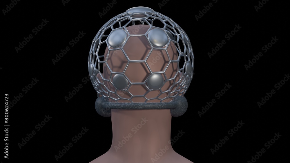 Man wearing sensory cap on head for electrical brain activity. Portable ...