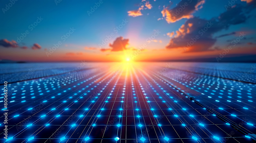 A vast solar farm stretches to the horizon, with the sun setting Stock ...