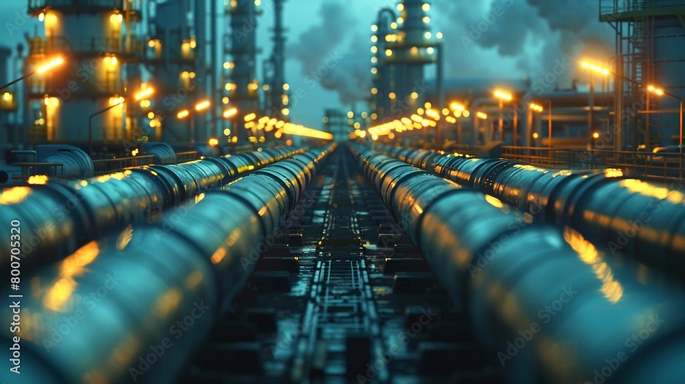 Multiple pipelines in an industrial setting, conveying raw materials or ...