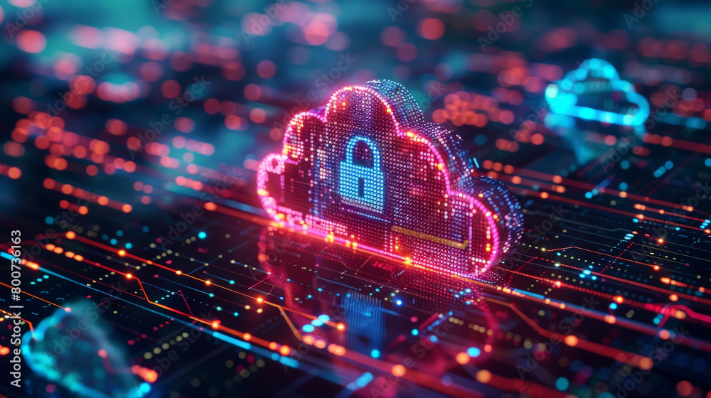 Abstract illustration of cloud security services, stylized cloud icon integrated with a secure ...