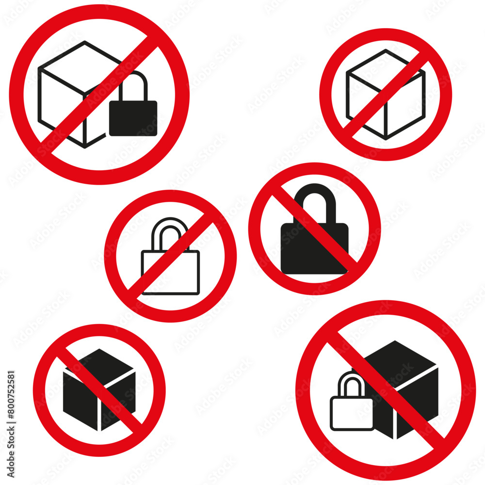 No package lock symbols set. Vector unlocked box signs. Prohibited ...