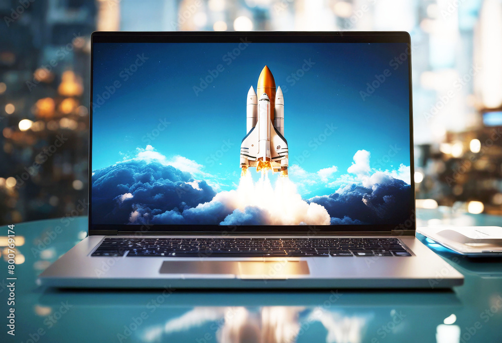 'illustration gital ai background blue screen laptop out coming rocket ...