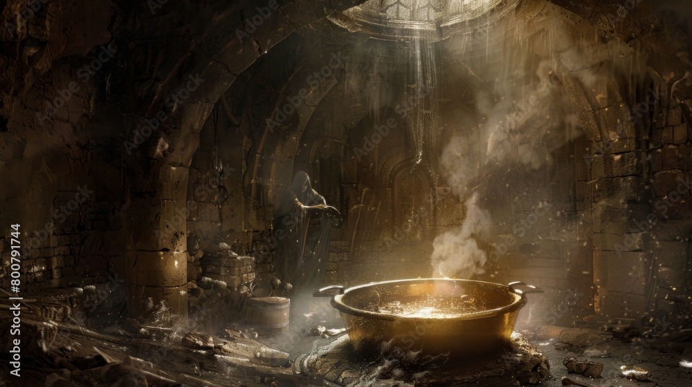 In a hidden chamber underneath the workrooms a bubbling cauldron emits ...