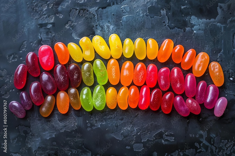 An artistic arrangement of jelly beans forming a rainbow on a dark ...