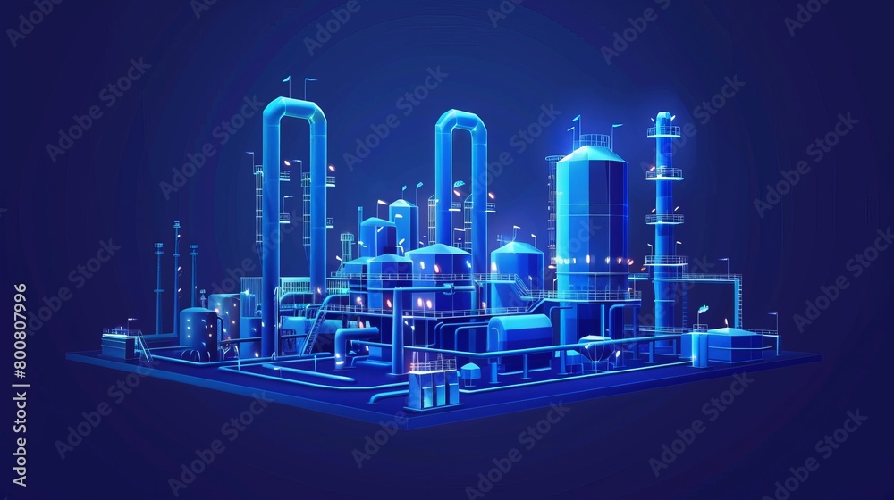 This low poly illustration visualizes a petroleum oil refinery complex ...