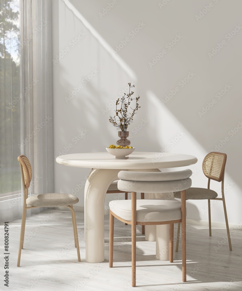 Modern and minimal white dining room with cream round table, cushion ...