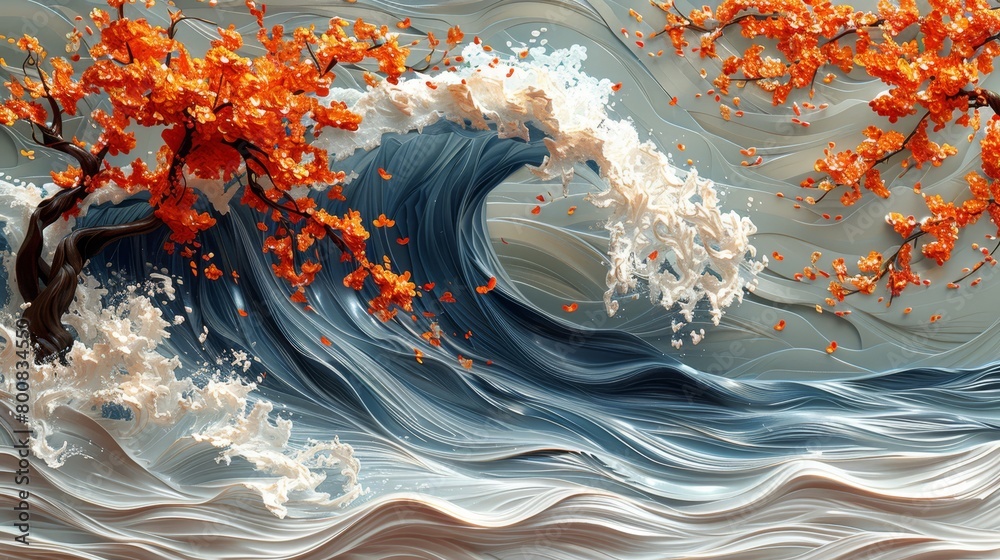 A painting of an ocean wave foregrounded by a tree, backgrounded by an ...