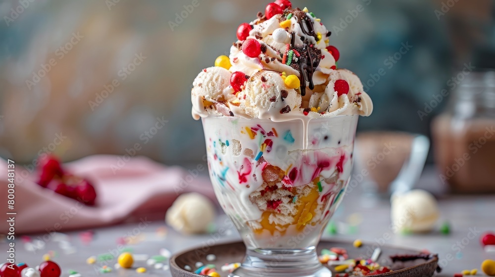 Lush image of a classic ice cream sundae, layers of creamy goodness and ...