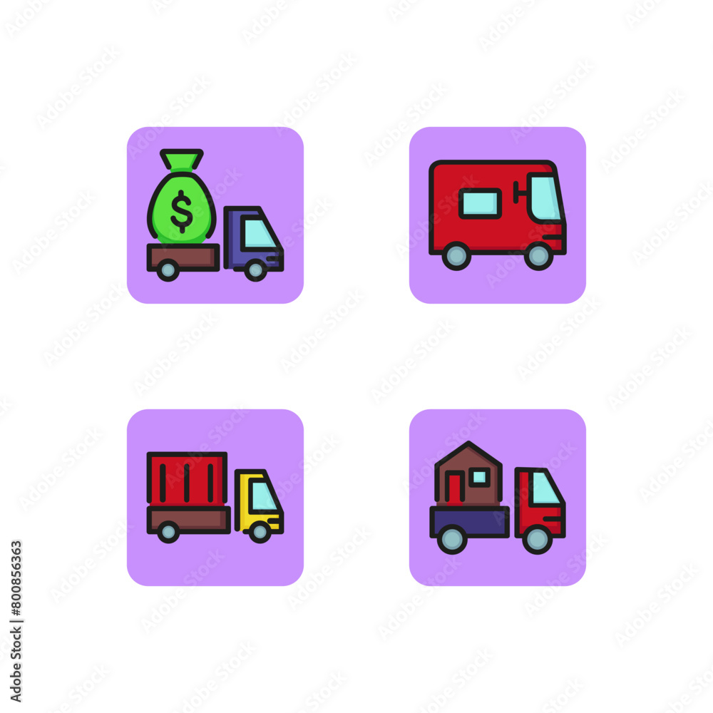 Transportation line icon set. Trucks carrying furniture money and other ...