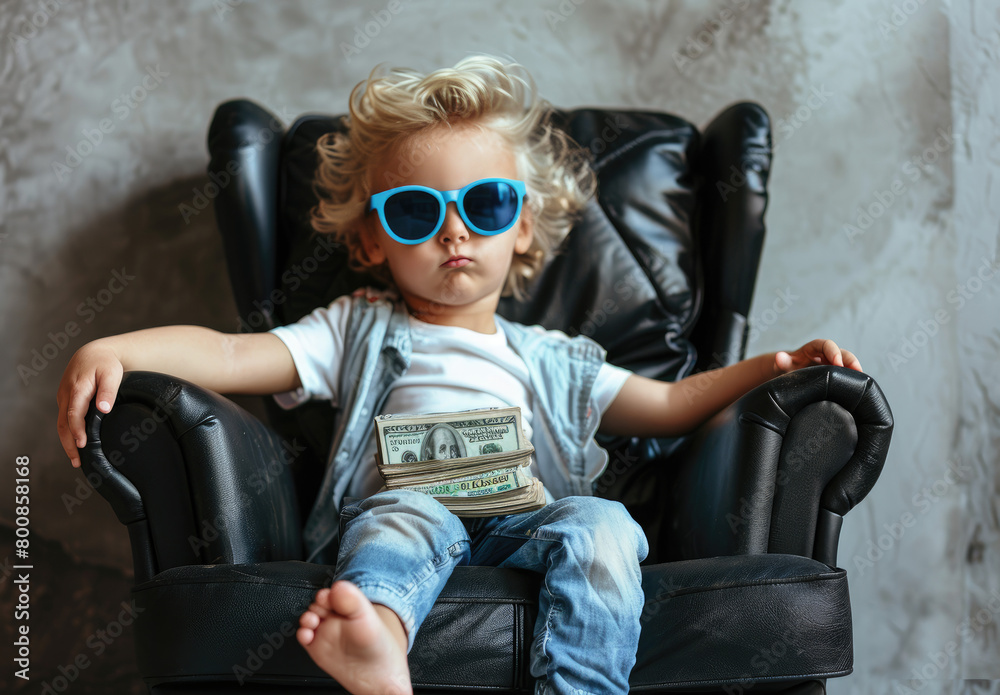 a rich little boy sitting on a black armchair with blue sunglasses and ...