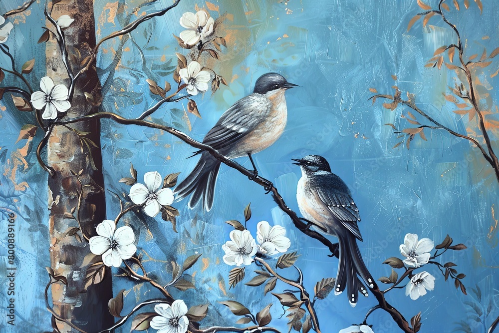 Printable Vertical Oil Painting: Two Birds on Tree with White Flowers ...