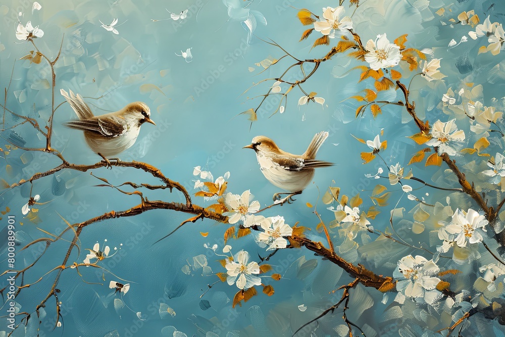 Nature-Inspired Vertical Oil Painting of Two Birds on Tree with White ...
