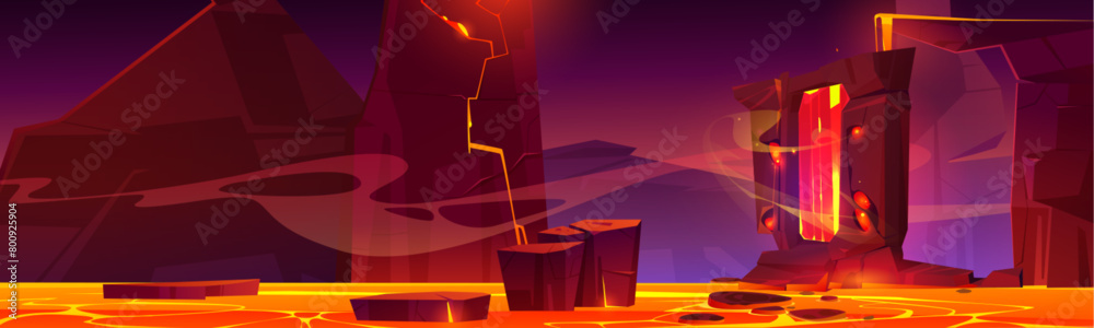 Magic portal on alien planet with lava flow. Vector cartoon ...