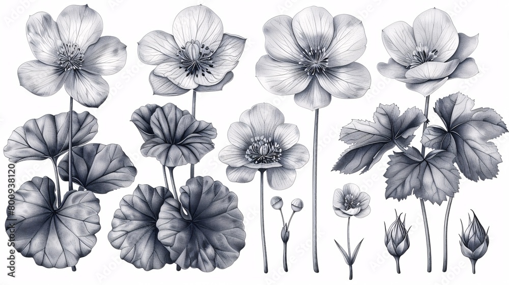 Unique hand-drawn set of gotu kola Centella asiatica flower leaf ...