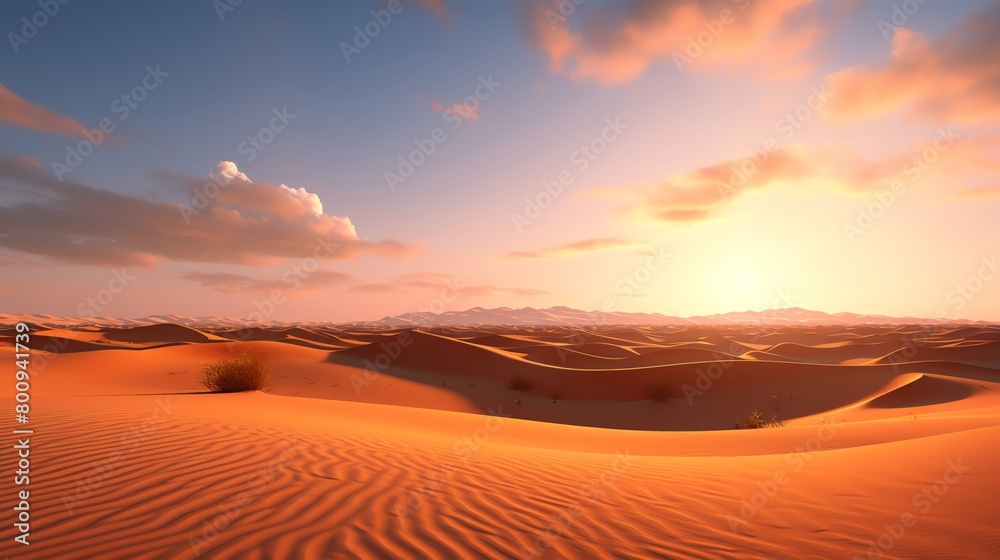 Peaceful desert scene at twilight with long shadows cast by sand dunes ...