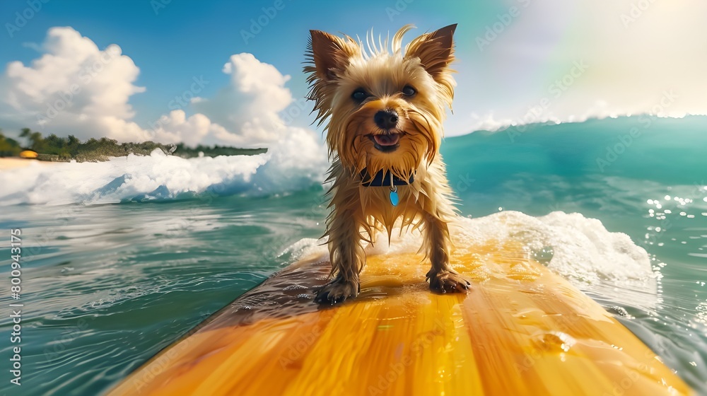 Dog surfing on surfboard. Cute happy puppy dog on ocean wave. Funny pet ...