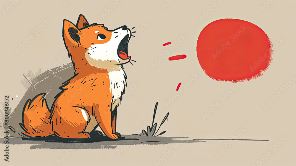 Picture of funny smiling cute orange dog barks near background with red ...