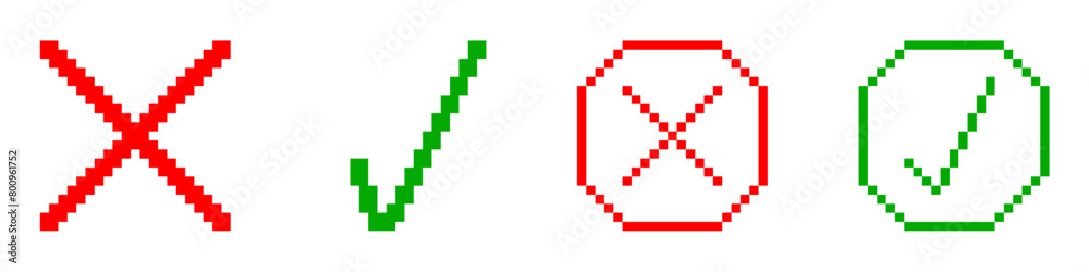 Стоковий вектор pixel Green tick symbol and red cross sign, Check mark, Cross mark. right and ...