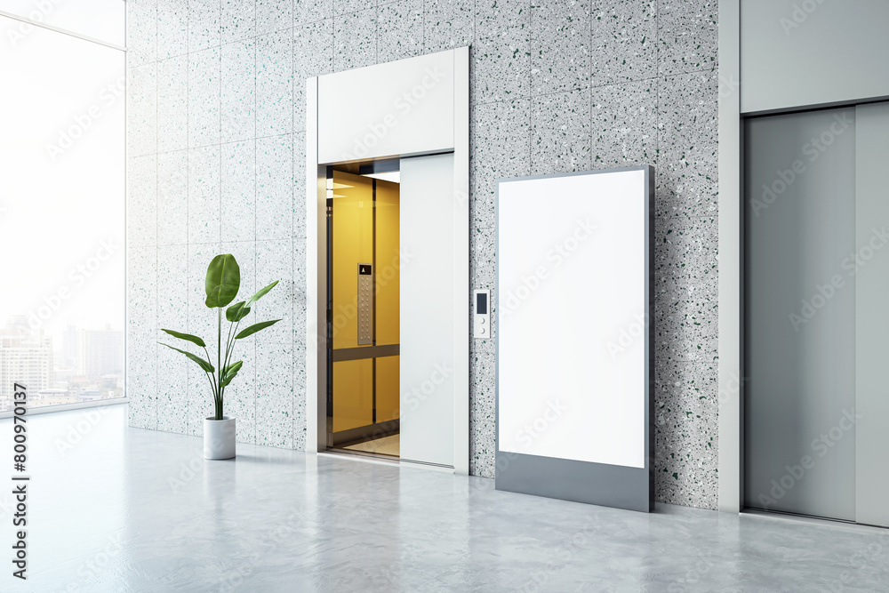 Sleek golden elevators in a contemporary lobby with wooden wall accents ...