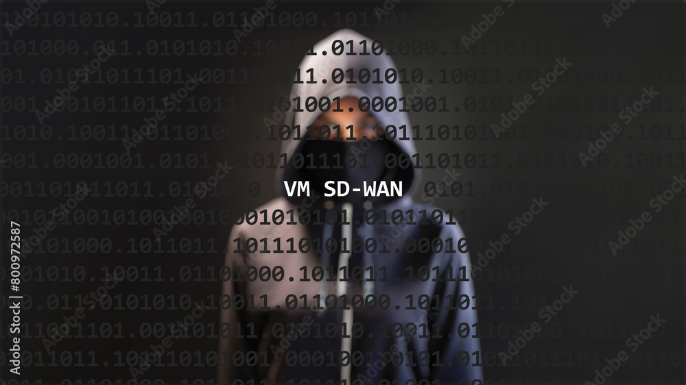 Cyber attack vm sd-wan text in foreground screen, anonymous hacker hidden with hoodie in the ...