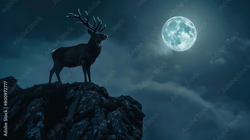 Craft a scene of a majestic stag standing defiantly atop a rocky cliff ...