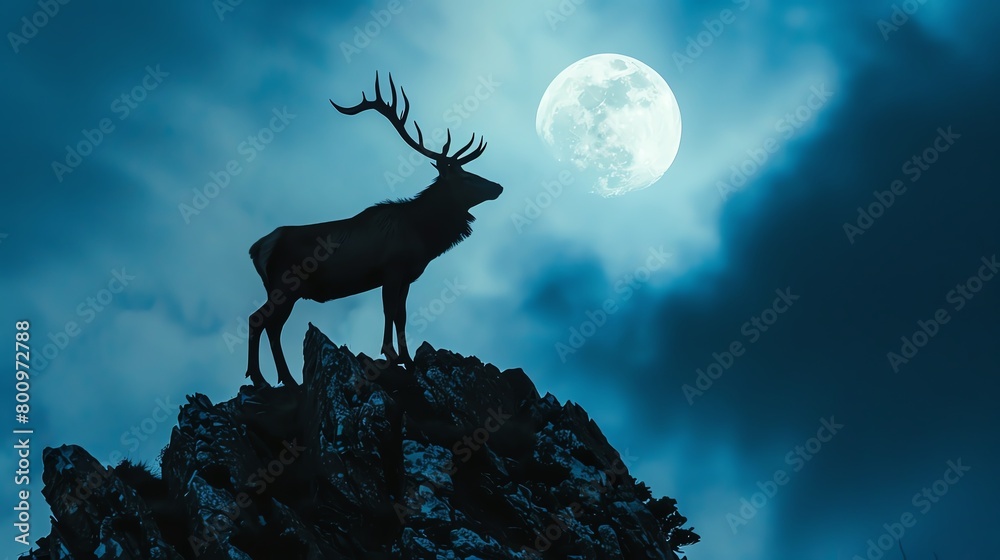 Craft a scene of a majestic stag standing defiantly atop a rocky cliff ...