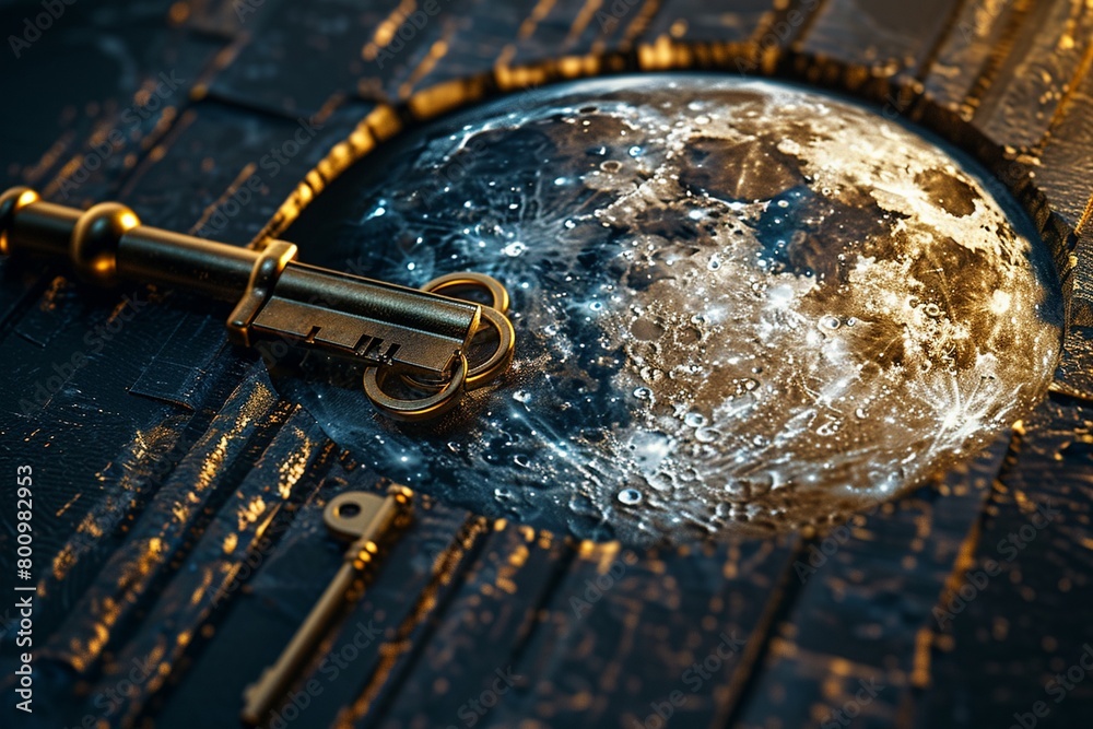 Golden keyhole in the shape of the moon, with a stock chart key trying ...