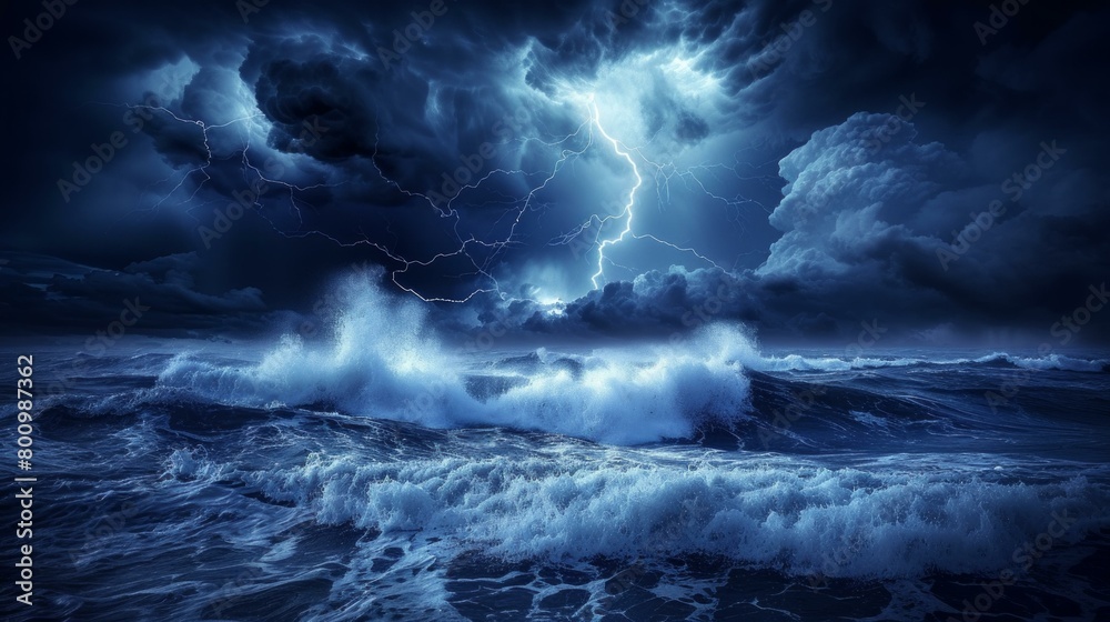 A night storm raging over the ocean, depicted with menacing giant waves ...