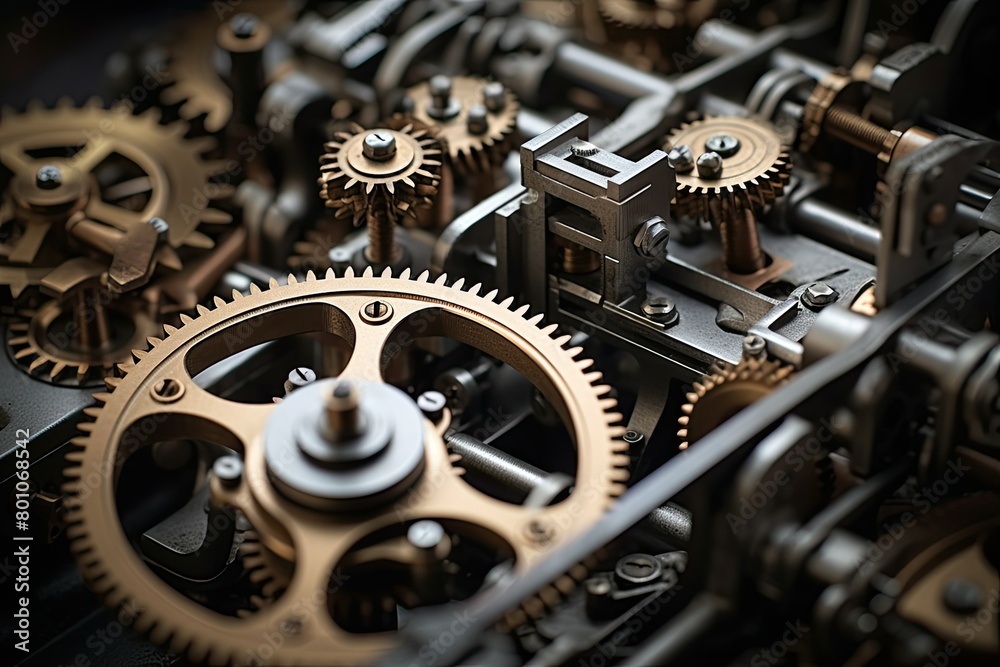 Detailed view of multiple metal gears interlocking and turning ...