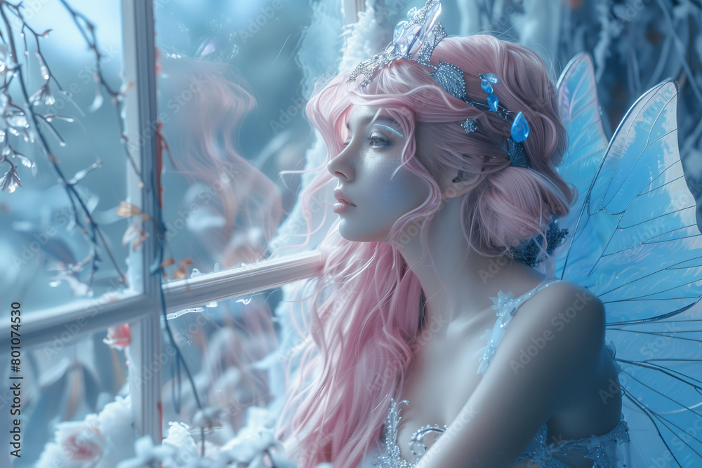 pink haired fairy with wings sitting on the window sill, looking out at ...