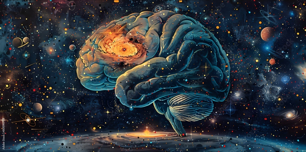 Brain in Space Nebula background, Concept art of a human brain exploding with knowledge and ...