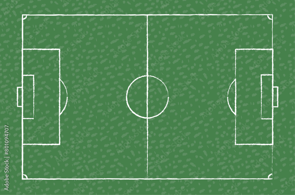 Soccer field plan with white line markings on green grass. Top view ...