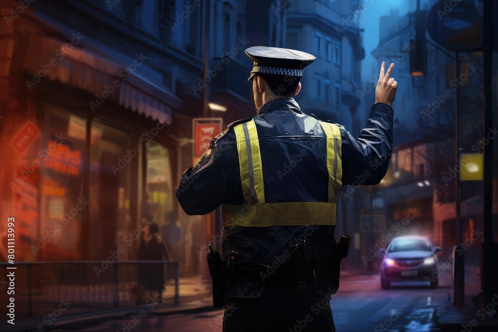 A police officer in uniform directing traffic on a busy city street ...