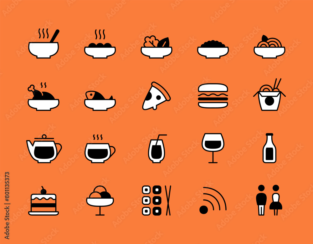Vector restaurant food icon illustrations. Hot dinner plate templates ...