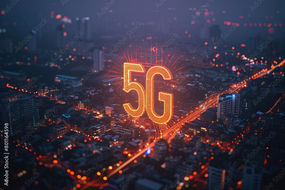 5G network tower radiating signals over a smart city, ultrafast digital ...