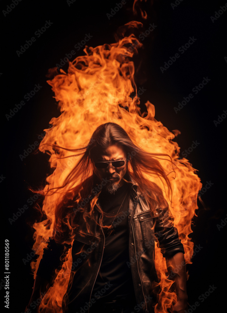 Flaming handsome tough asian man set against a black background ...