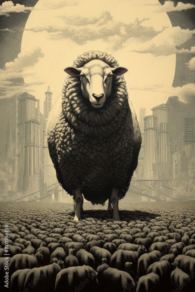Vintage dystopian propaganda poster , A giant black sheep standing in ...