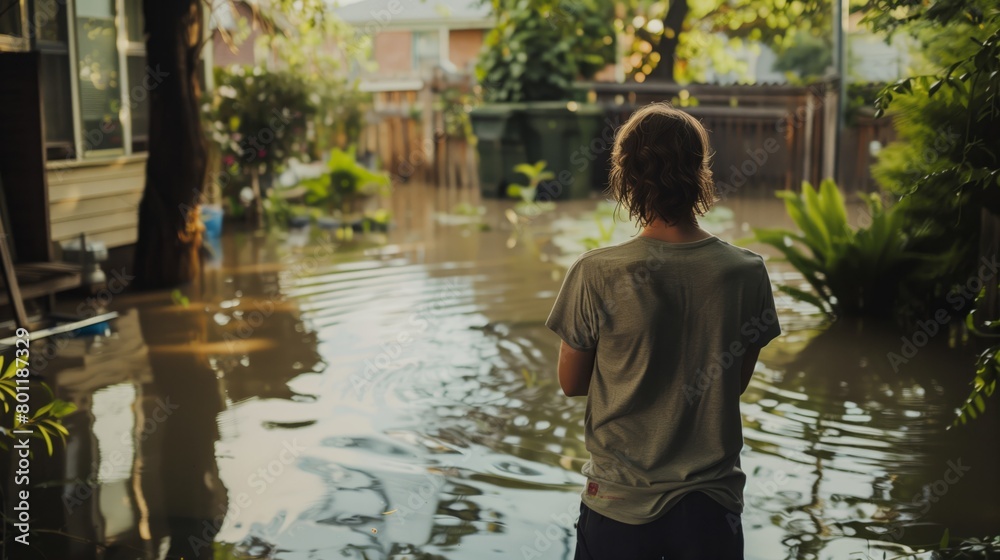 Worried homeowner looking at a flooded backyard after a storm concept ...
