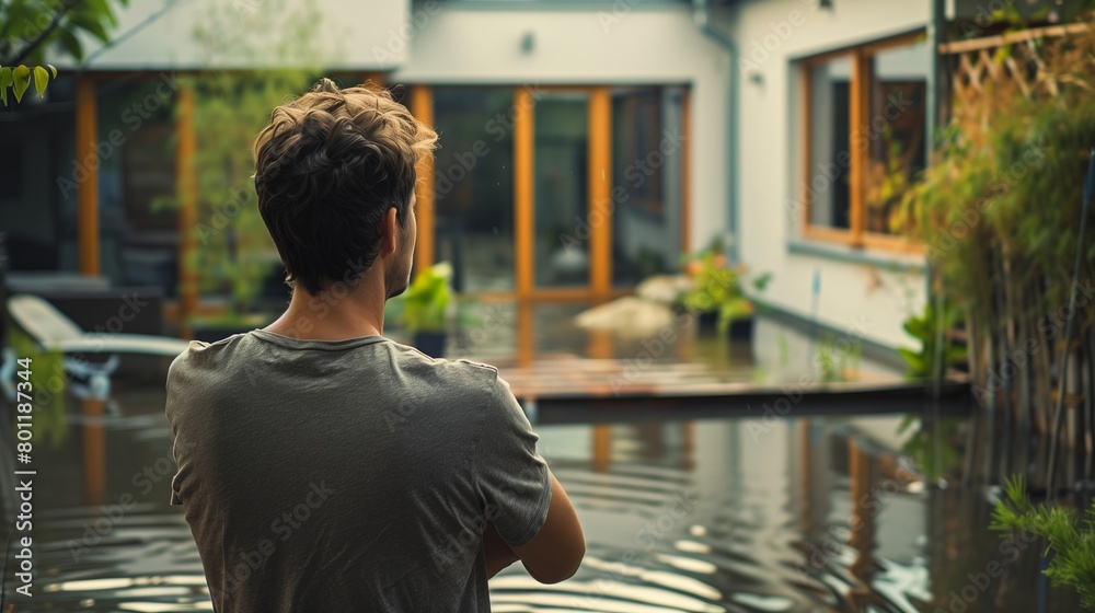 Worried homeowner looking at a flooded backyard after a storm concept ...