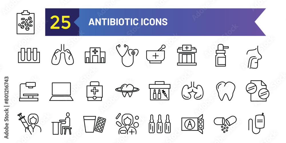 Antibiotic icons set. Outline set of antibiotic vector icons for ui ...