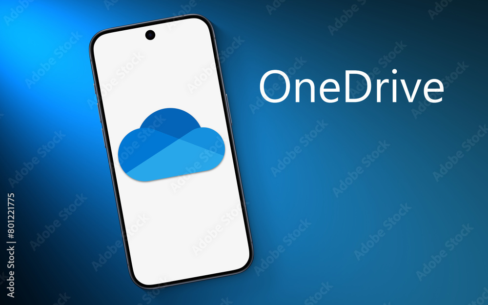 OneDrive logo displayed on a modern smartphone, blue gradient with ...